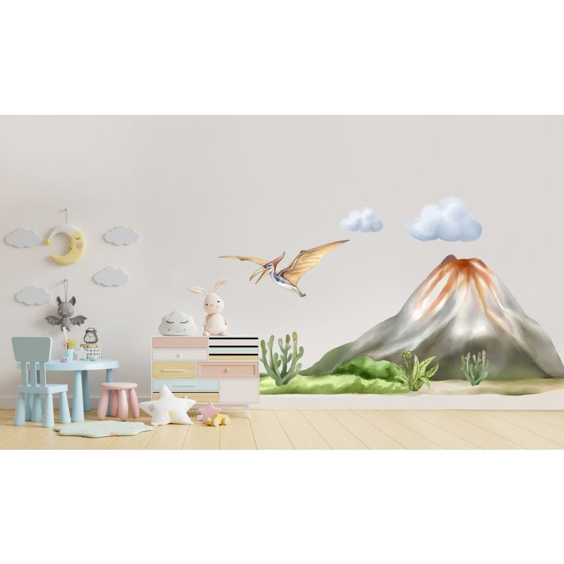 Sticker Mural - Ptéranodon et volcan
